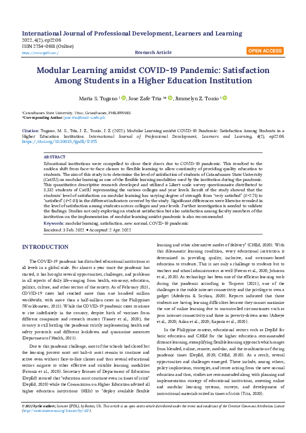 (PDF) Modular Learning amidst COVID-19 Pandemic: Satisfaction Among ...