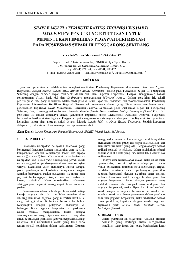 (PDF) Simple Multi Attribute Rating Technique(Smart) Pada Sistem Pendukung Keputusan Untuk ...