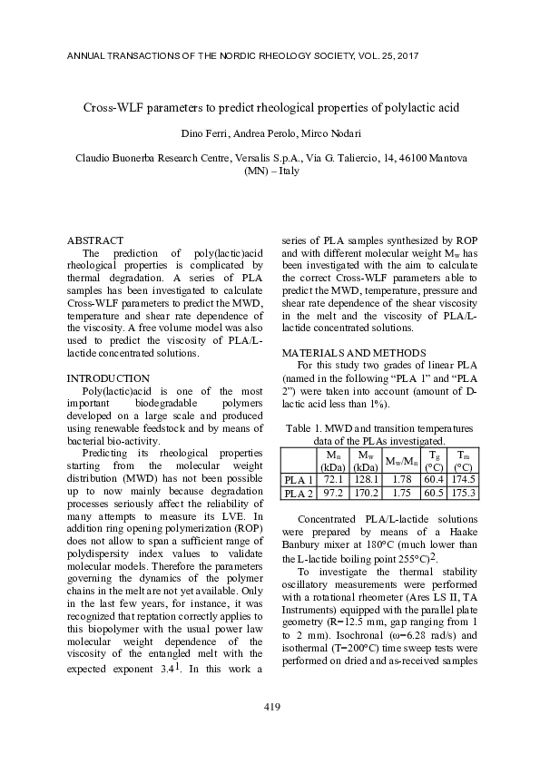 (PDF) Cross-WLF parameters to predict rheological properties of ...