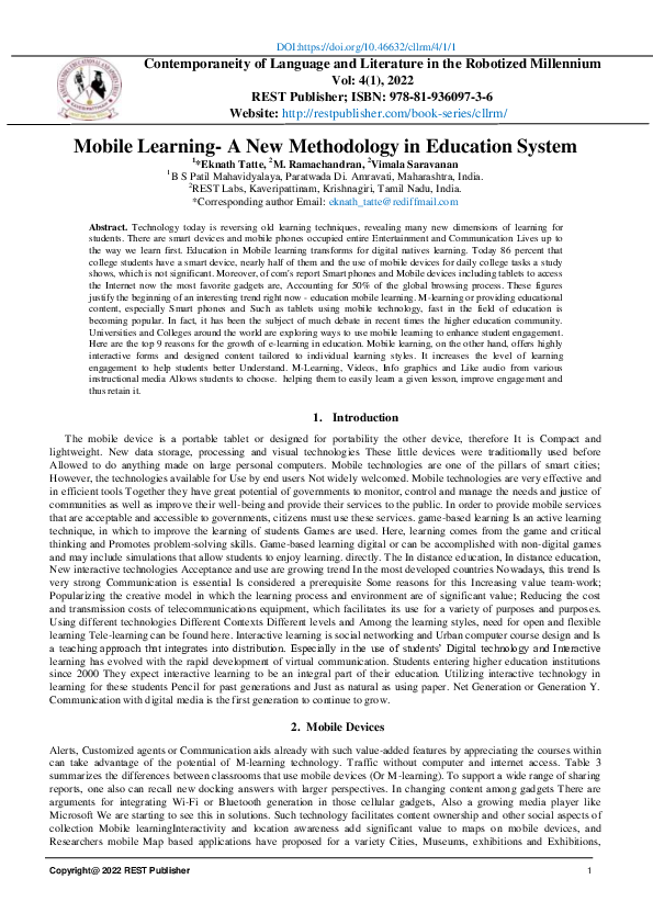 (PDF) Mobile Learning-A New Methodology in Education System