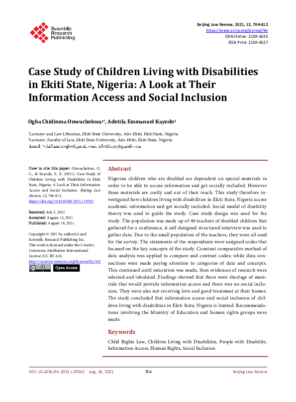 (PDF) Case Study of Children Living with Disabilities in Ekiti State ...