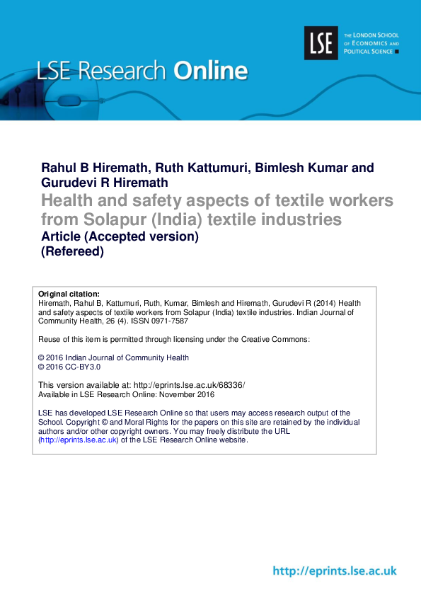 (PDF) Health and safety aspects of textile workers from Solapur (India ...