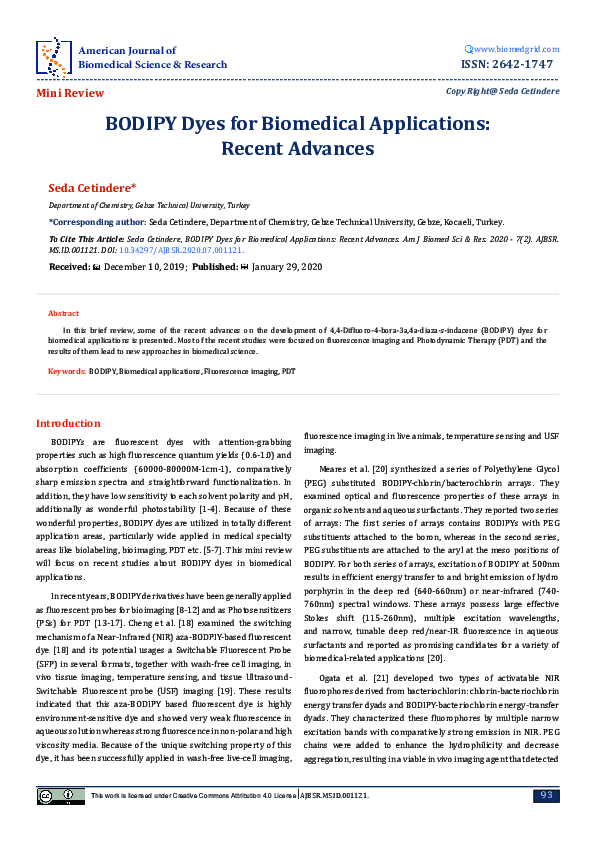 (PDF) BODIPY Dyes for Biomedical Applications: Recent Advances