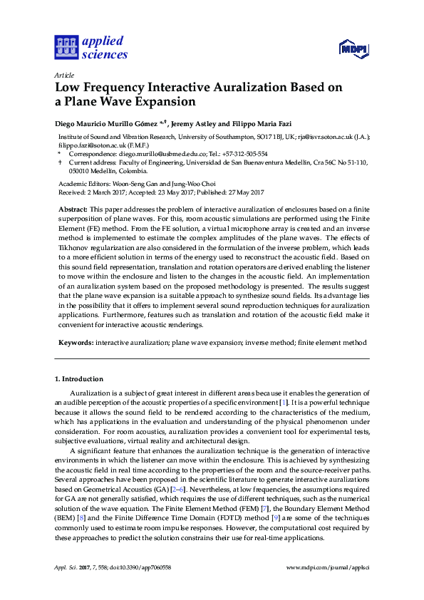 (PDF) Low Frequency Interactive Auralization Based on a Plane Wave Expansion