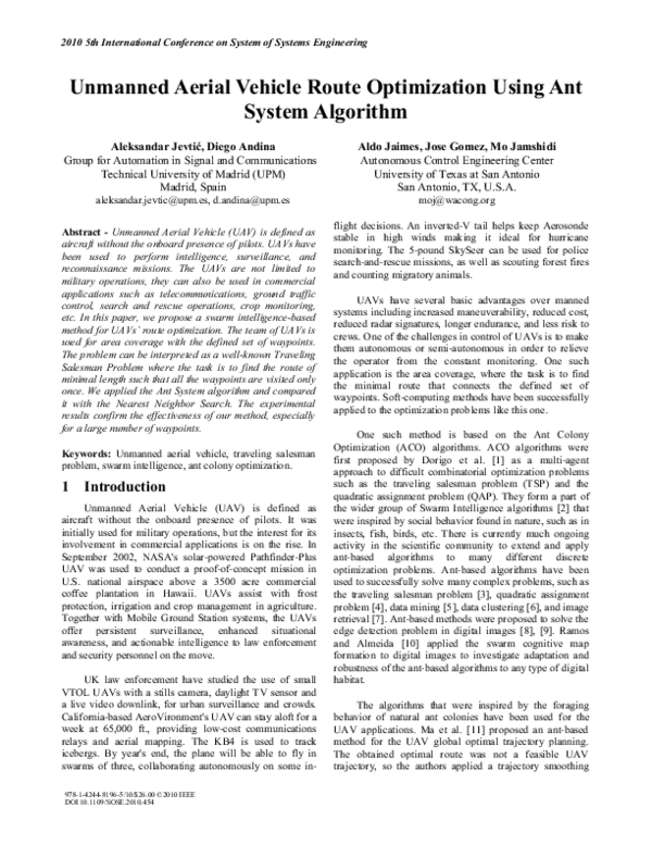 Pdf Unmanned Aerial Vehicle Route Optimization Using Ant System Algorithm Jose Gomez