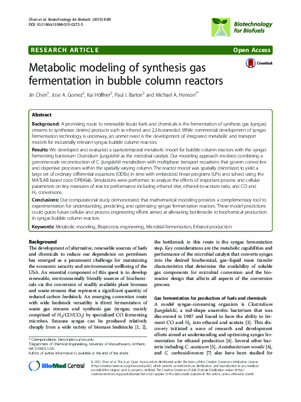 (PDF) Metabolic modeling of synthesis gas fermentation in bubble column reactors