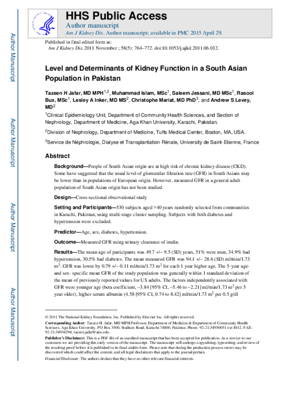 (PDF) Level and Determinants of Kidney Function in a South Asian ...