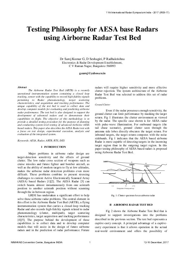 (PDF) Testing Philosophy for AESA base Radars using Airborne Radar Test Bed