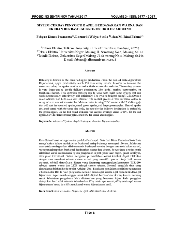 Pdf Sistem Cerdas Penyortir Apel Berdasarkan Warna Dan Ukuran Berbasis Mikrokontroler Arduino