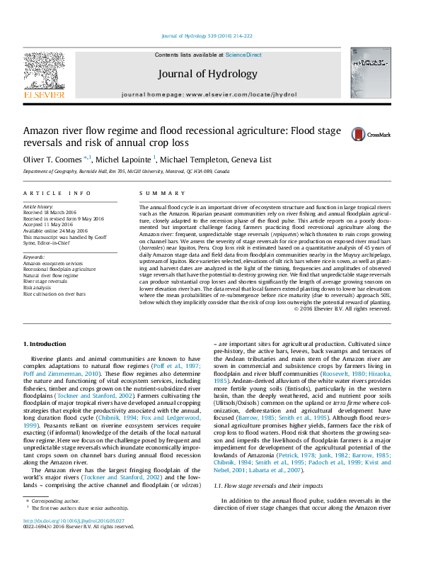 (PDF) Amazon river flow regime and flood recessional agriculture: Flood ...