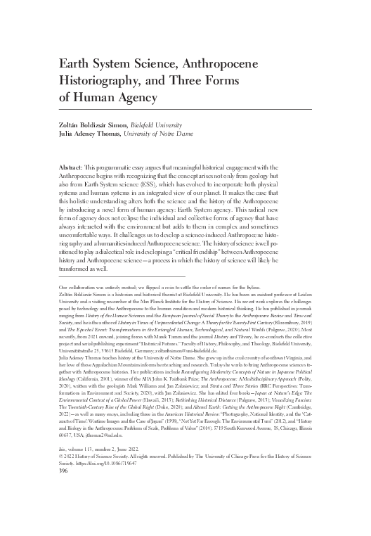 (PDF) Earth System Science, Anthropocene Historiography, and Three Forms of Human Agency