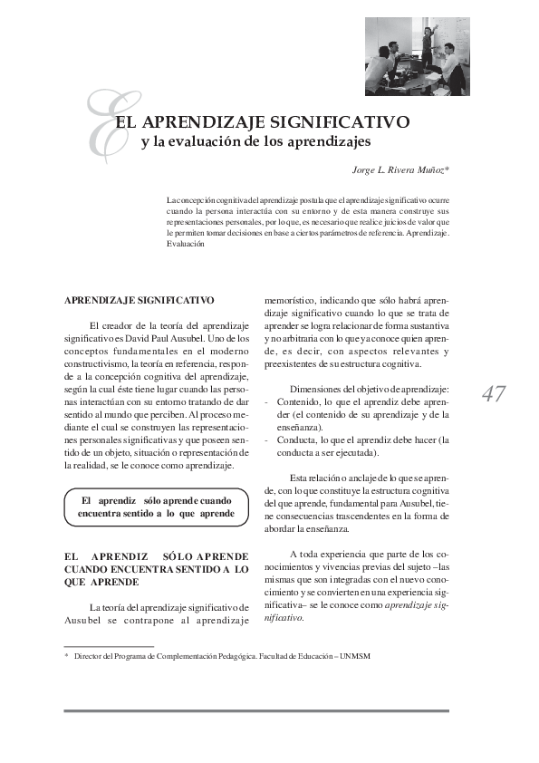 (PDF) E EL APRENDIZAJE SIGNIFICATIVO y la evaluación de los aprendizajes APRENDIZAJE SIGNIFICATIVO