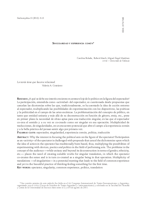 (PDF) Stichomythia 13 (2012): 5-13 Singularidad y experiencia común*
