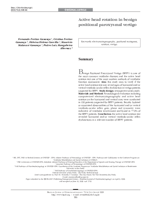 (PDF) Active head rotation in benign positional paroxysmal vertigo