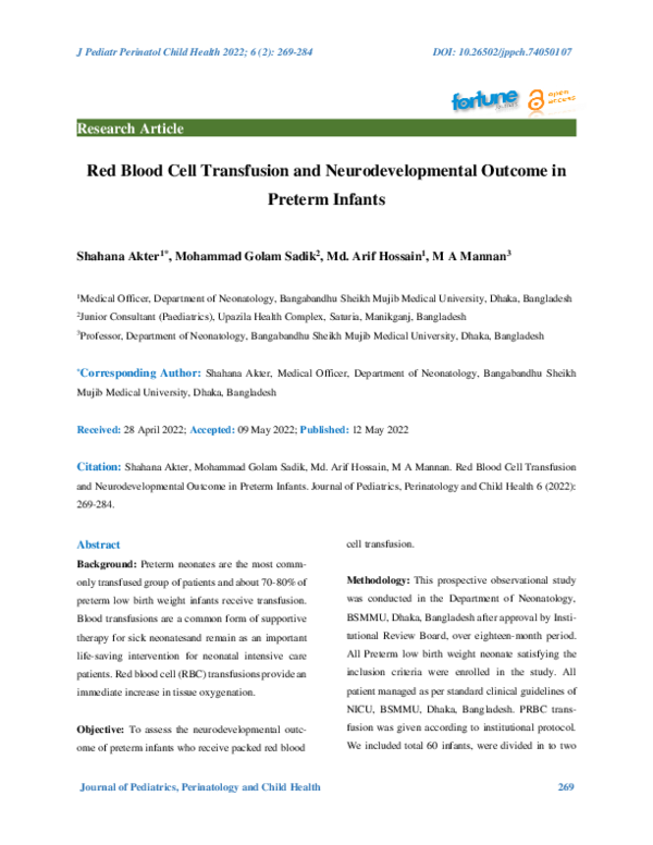 (PDF) Red Blood Cell Transfusion and Neurodevelopmental Outcome in ...
