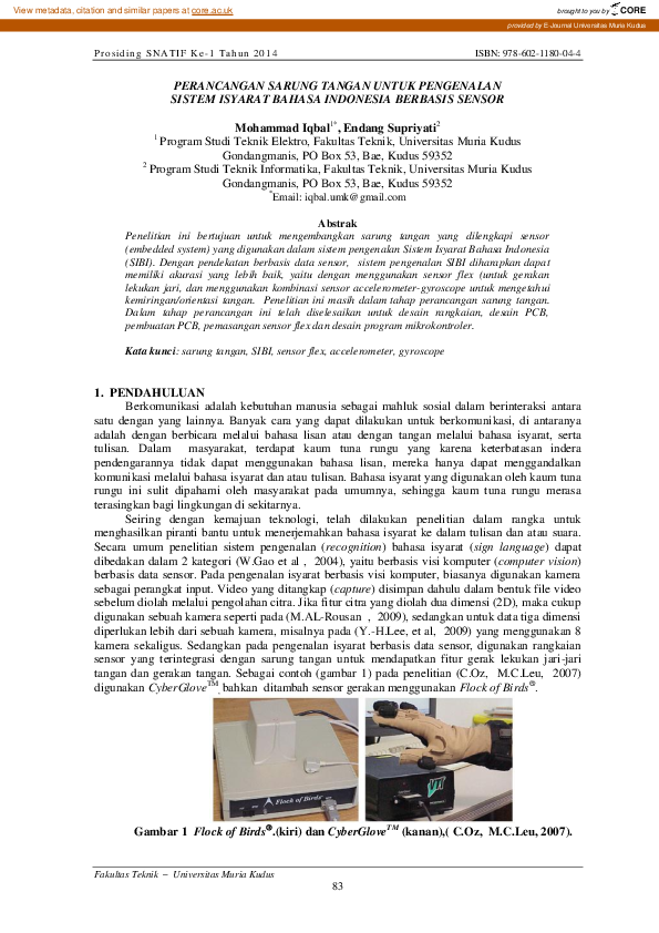 (PDF) Perancangan Sarung Tangan Untuk Pengenalan Sistem Isyarat Bahasa Indonesia Berbasis Sensor