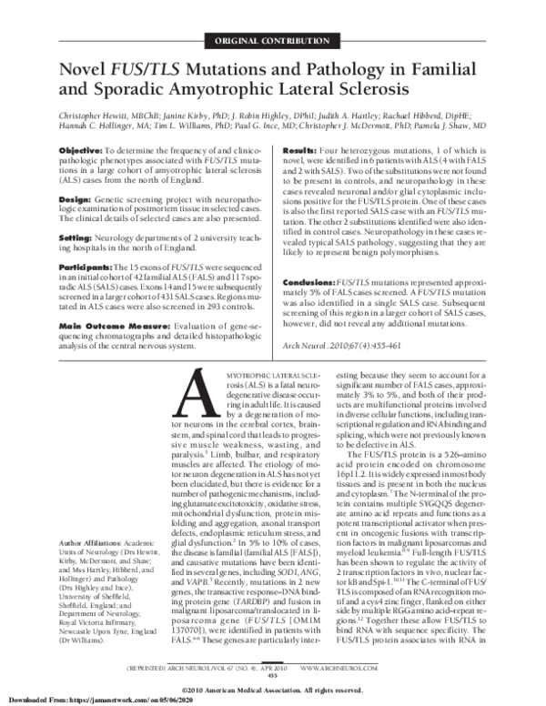 (PDF) Novel FUS/TLS Mutations and Pathology in Familial and Sporadic ...