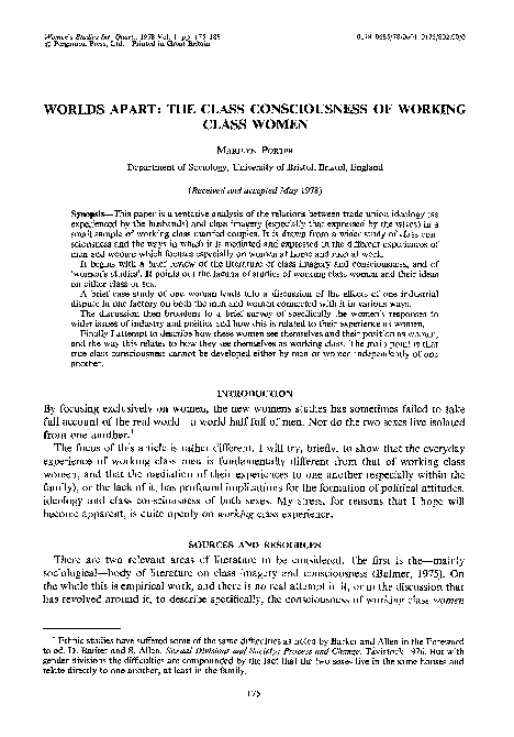 (PDF) Worlds apart: The class consciousness of working class women