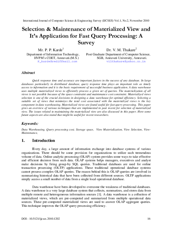 (PDF) Selection & Maintenance of Materialized View and It's Application for Fast Query ...