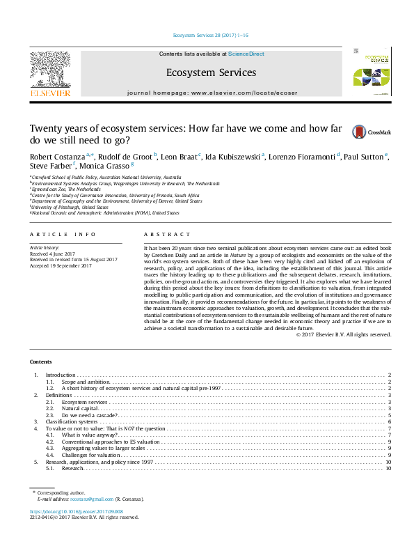 (PDF) Twenty years of ecosystem services: How far have we come and how ...