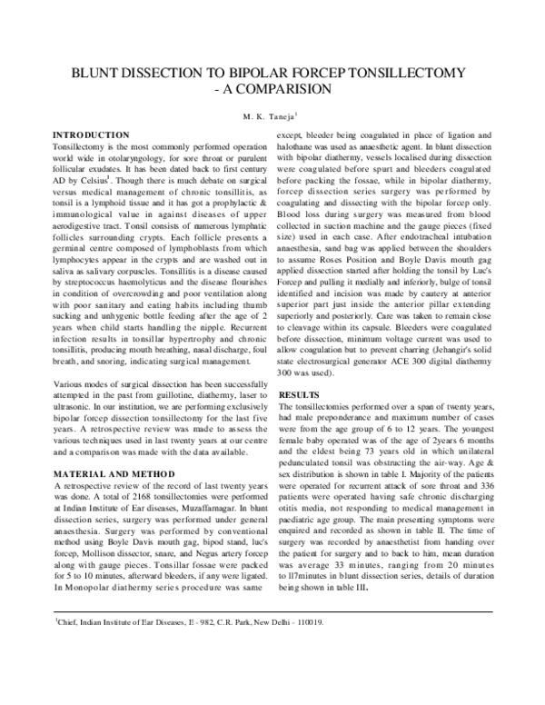 (PDF) Blunt dissection to bipolar forcep tonsillectomy- a comparision