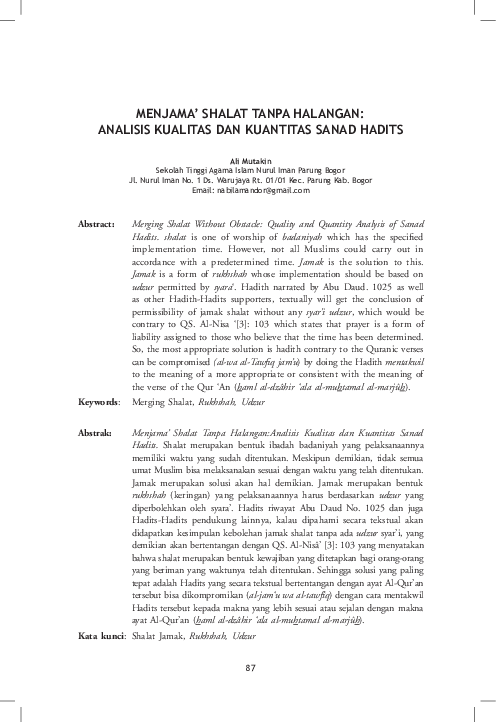 (PDF) Menjama’ Shalat Tanpa Halangan: Analisis Kualitas Dan Kuantitas ...