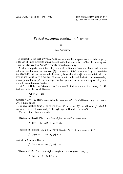 Pdf Typical Monotone Continuous Functions Tudor Zamfirescu