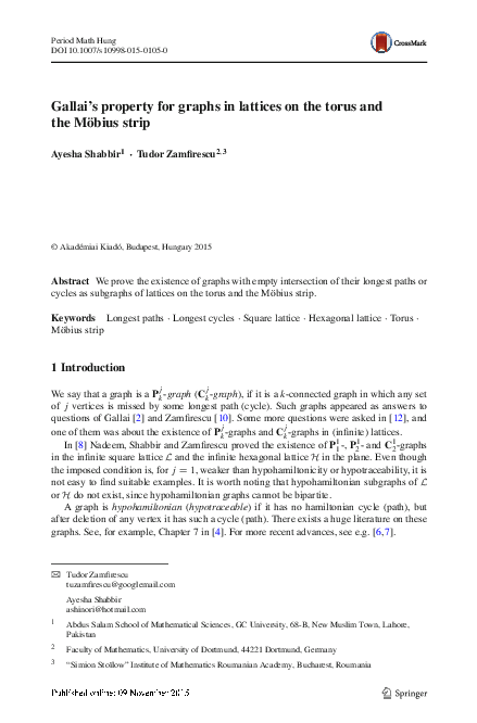 (PDF) Gallai’s property for graphs in lattices on the torus and the ...