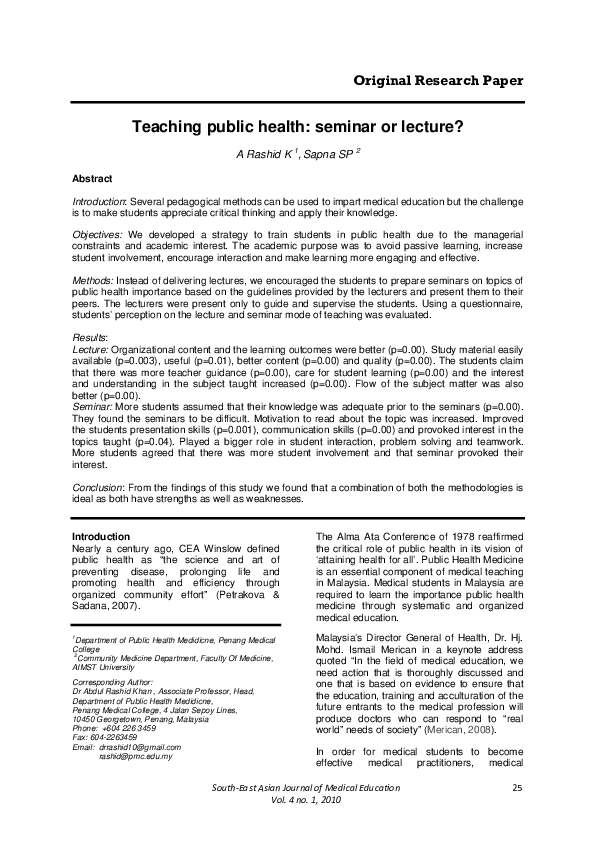 (PDF) Teaching public health: seminar or lecture?