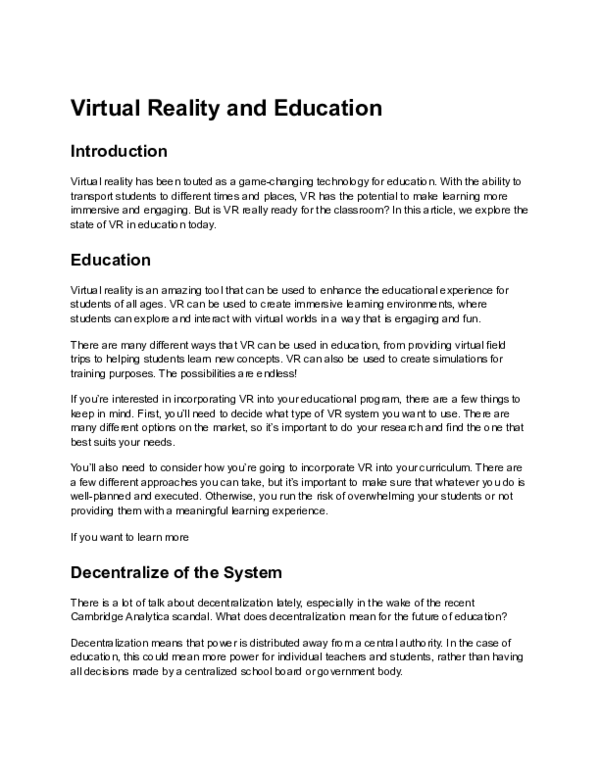 (PDF) Virtual Reality and Education