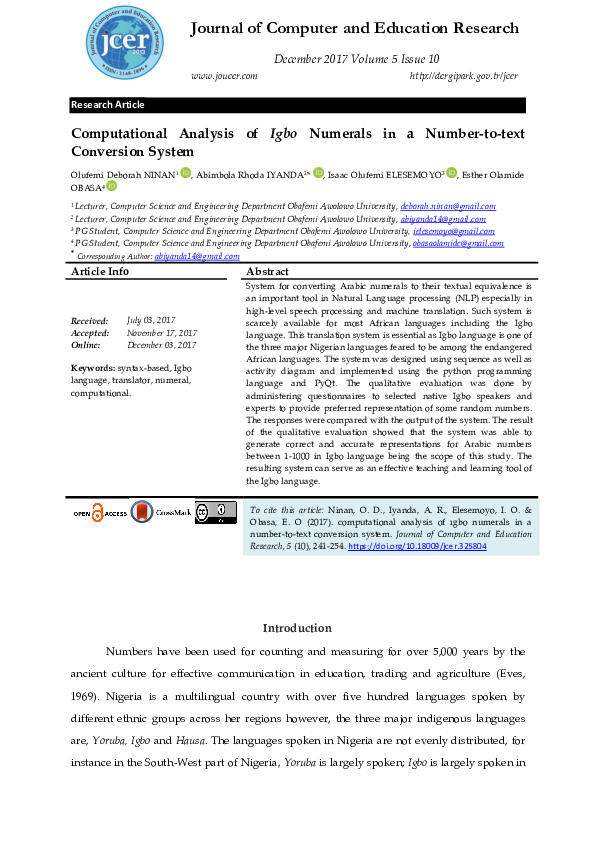 (PDF) Computational Analysis of Igbo Numerals in a Number-to-text Conversion System