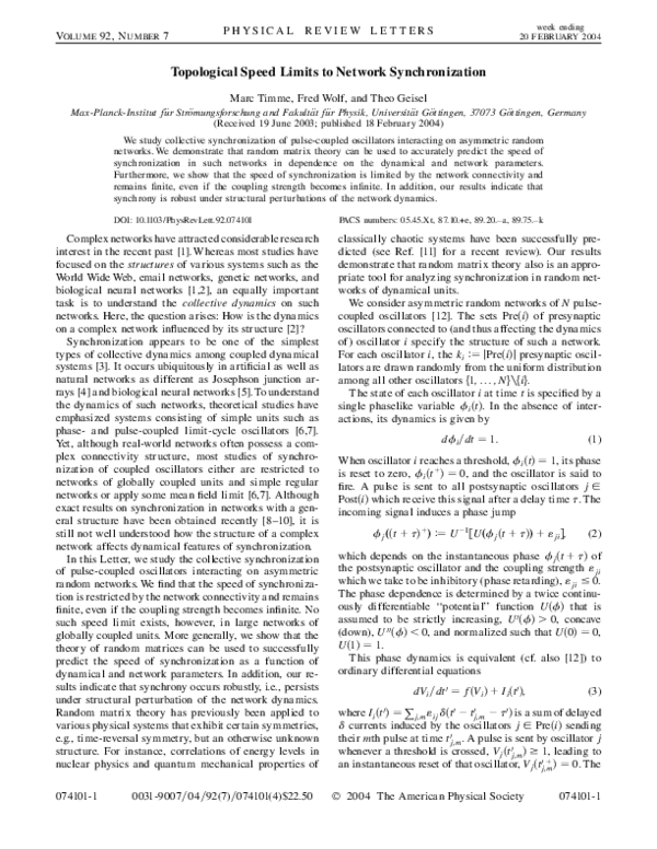 (PDF) Topological Speed Limits to Network Synchronization