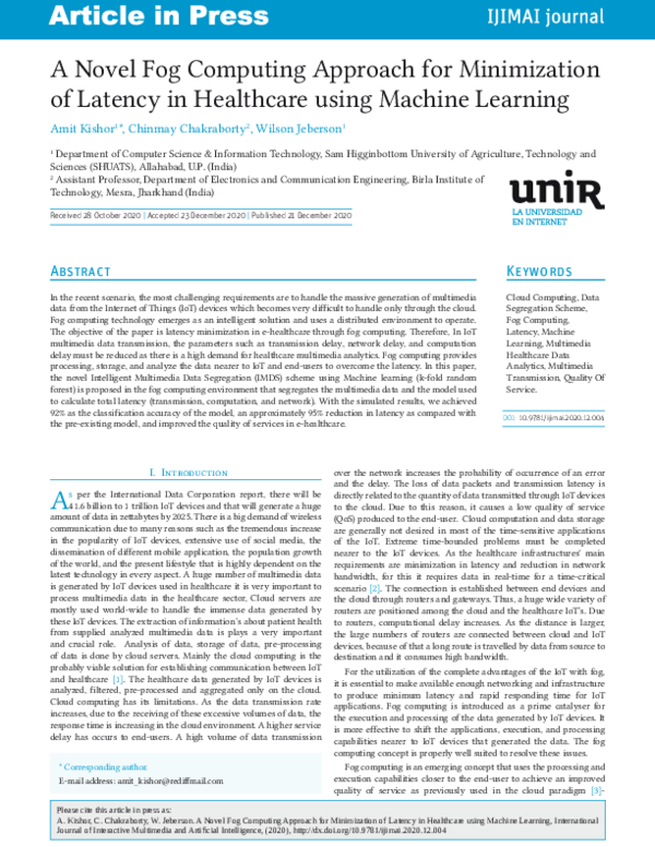 (PDF) A Novel Fog Computing Approach for Minimization of Latency in Healthcare using Machine ...