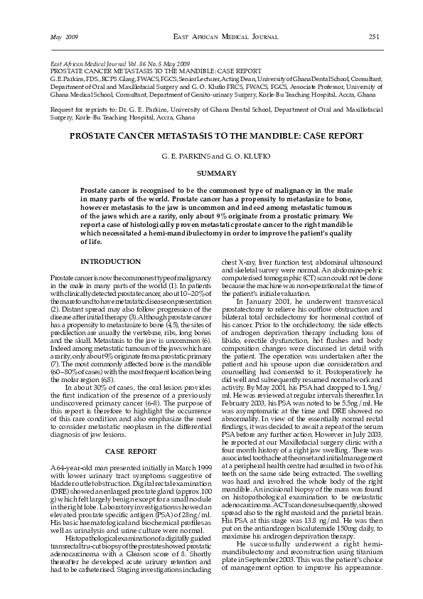 (PDF) Prostate cancer metastasis to the mandible: case report