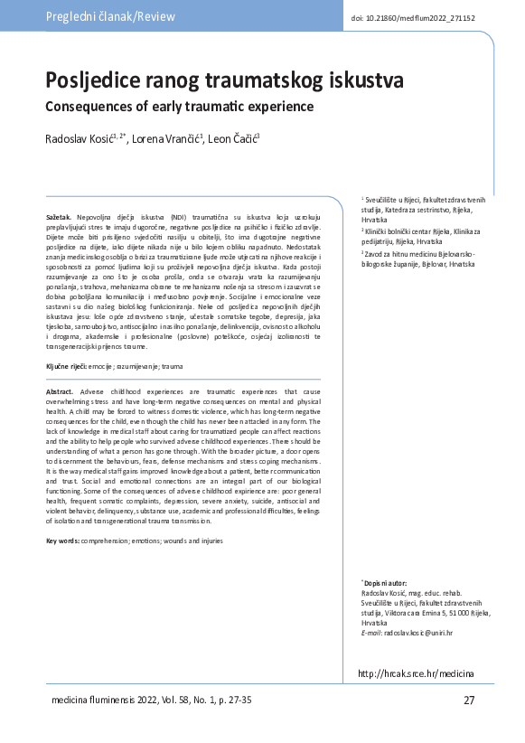 (PDF) Posljedice ranog traumatskog iskustva