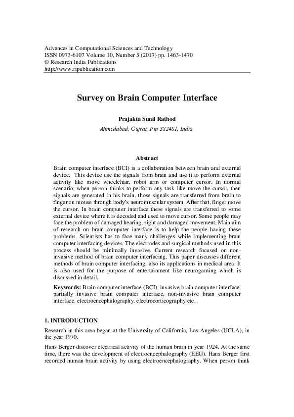 (PDF) Survey on Brain Computer Interface