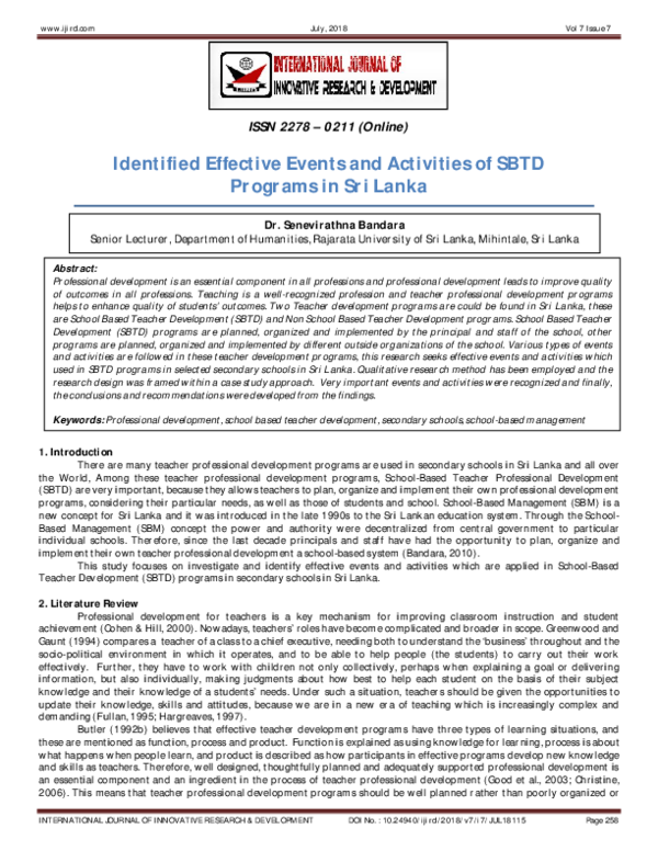 Identified Effective Events and Activities of SBTD Programs in Sri Lanka
