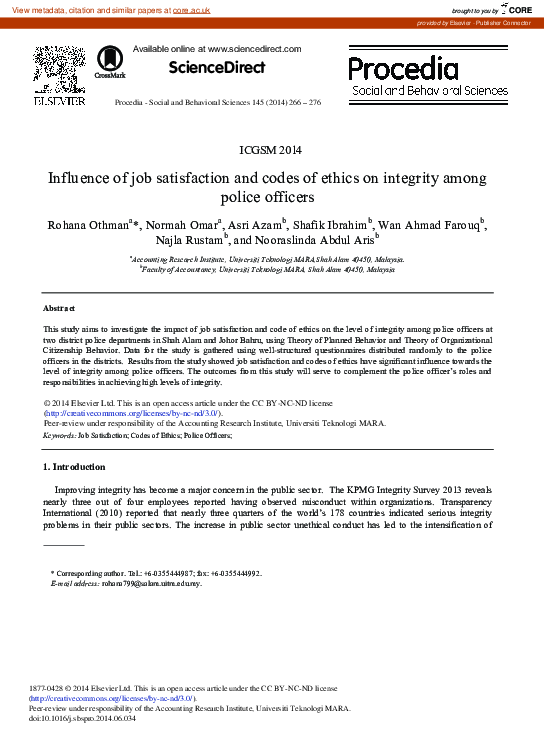 (PDF) Influence of Job Satisfaction and Codes of Ethics on Integrity ...