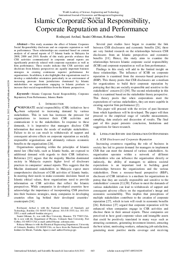 (PDF) Islamic Corporate Social Responsibility, Corporate Reputation And ...