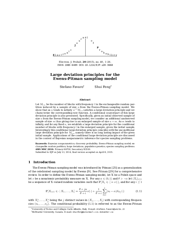(PDF) Large deviation principles for the Ewens-Pitman sampling model