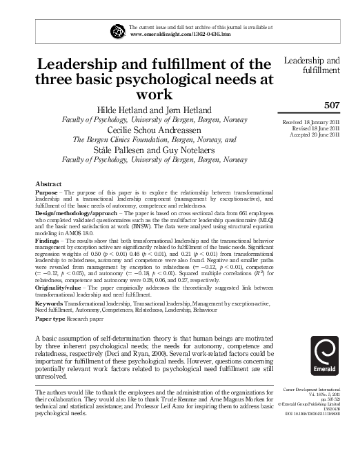 (PDF) Leadership and fulfillment of the three basic psychological needs ...