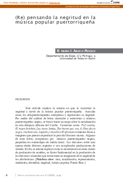 (PDF) Re) pensando la negritud en la música popular puertorriqueña