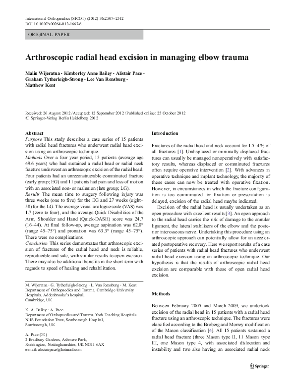 (PDF) Arthroscopic radial head excision in managing elbow trauma