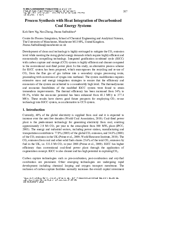 (PDF) Process Synthesis with Heat Integration of Decarbonised Coal Energy Systems