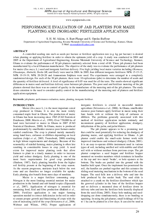 (PDF) Performance Evaluation of Jab Planters for Maize Planting and Inorganic Fertilizer Application