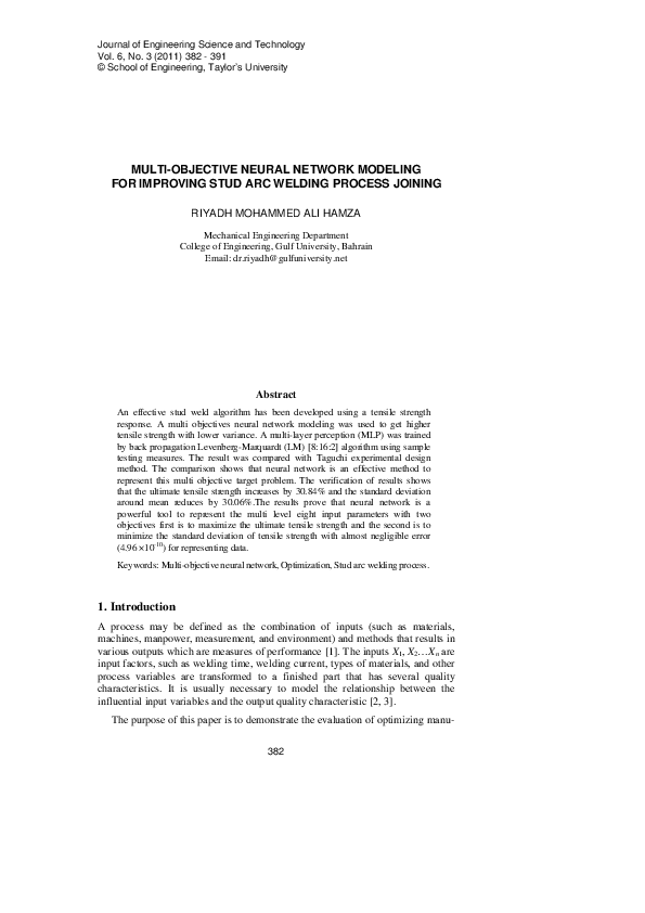 (PDF) Multi-Objective Neural Network Modeling for Improving Stud Arc Welding Process Joining