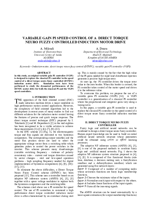 (PDF) Variable Gain Pi Speed Control of a Direct Torque Neuro Fuzzy Controlled Induction Motor Drive