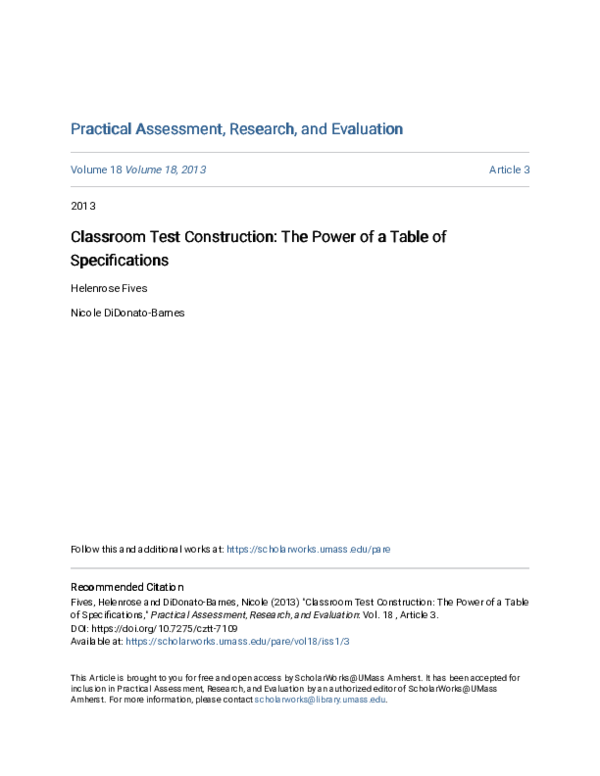 (PDF) Classroom Test Construction: The Power of a Table of Specifications