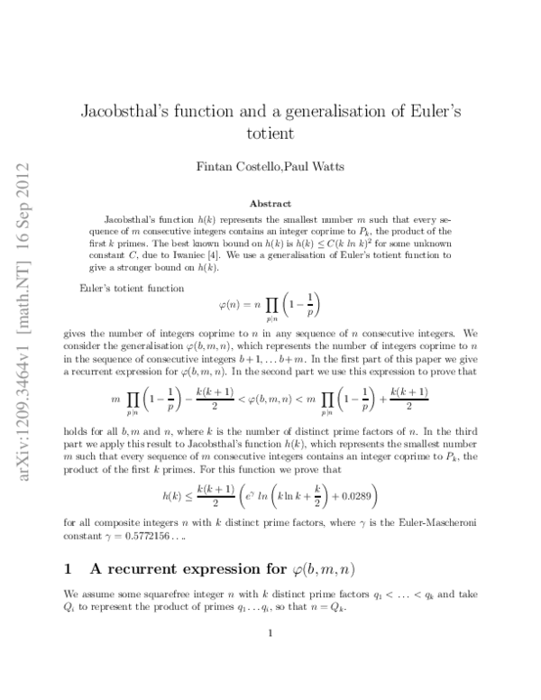 Pdf Jacobsthal S Function And A Generalisation Of Euler S Totient Paul Watts