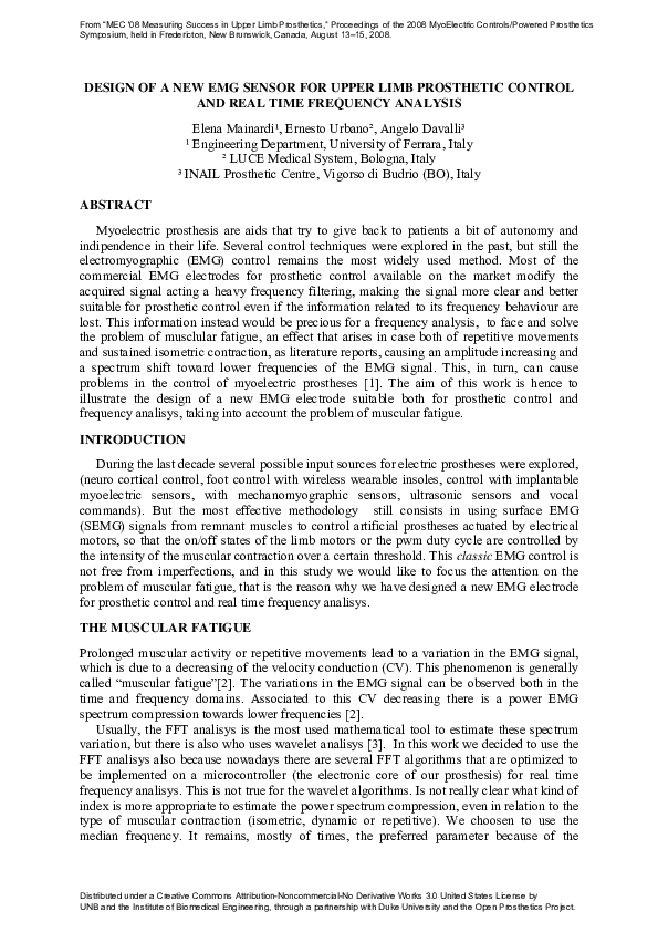 Pdf Design Of A New Emg Sensor For Upper Limb Prosthetic Control And Real Time Frequency Analysis